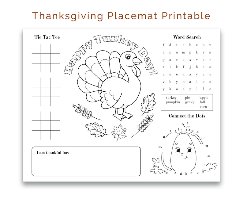 Thanksgiving Placemat Activity Printable, Kids - Etsy