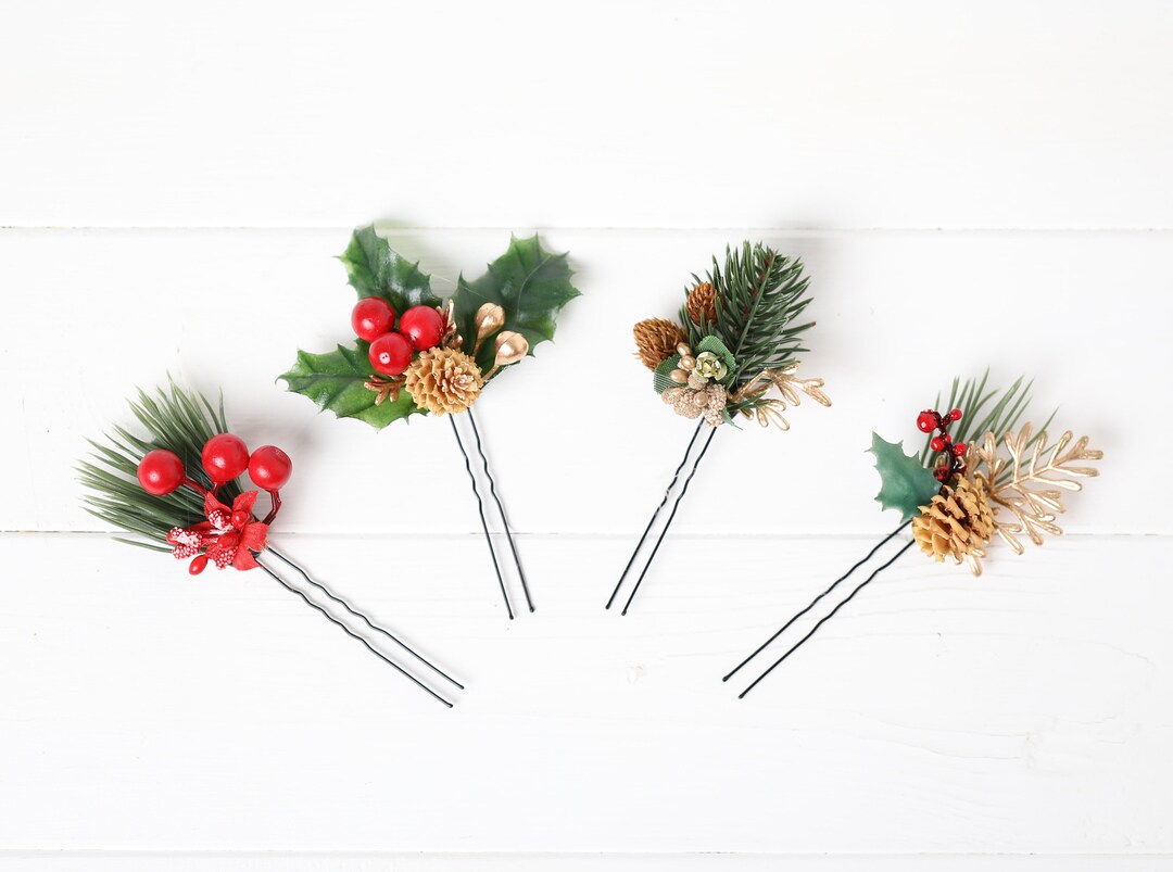 Set of 4 Holly Hair Pins Christmas Hair Piece Christmas Hair Accessory ...