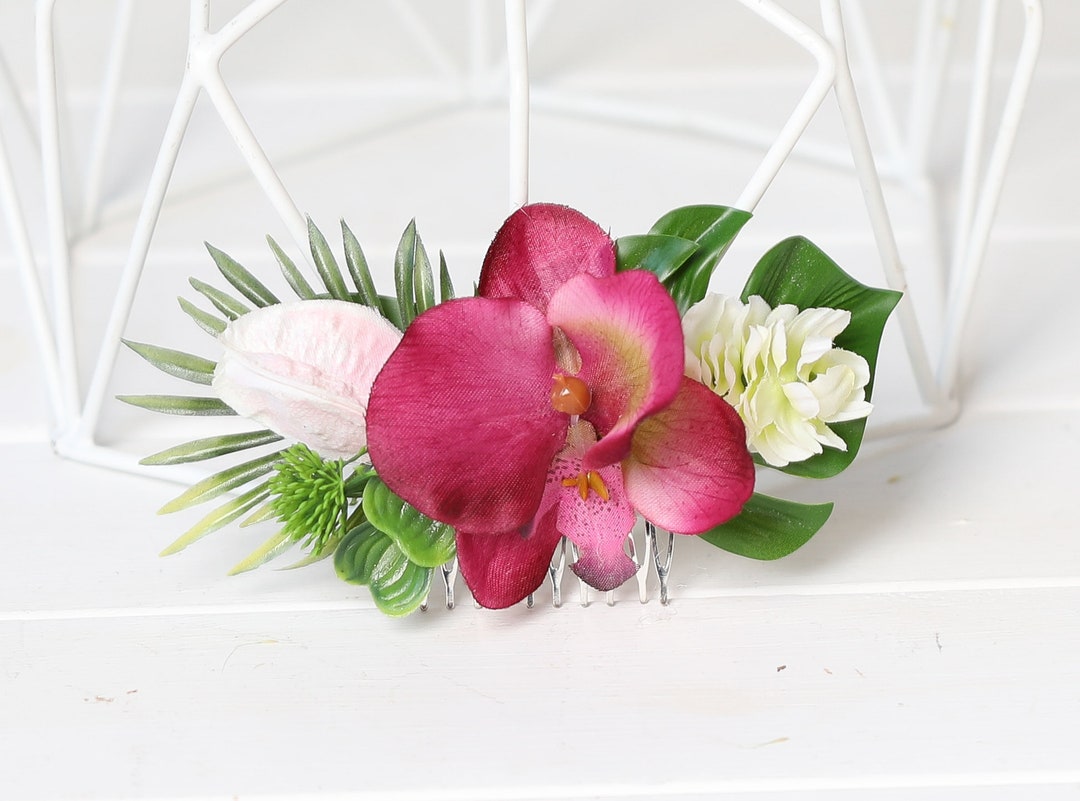 Hot Pink Orchid Ivory Hair Comb Palm Leaves Tropical Wedding Headpiece ...