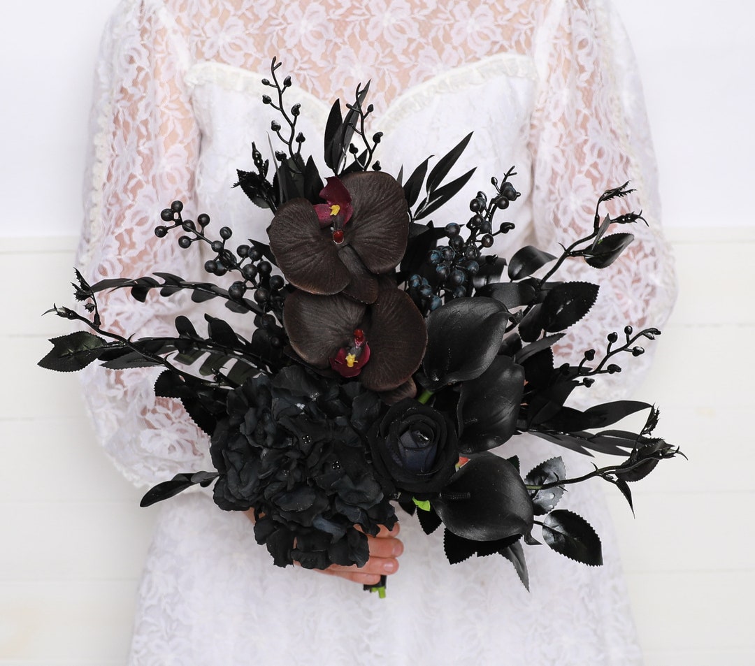 Black Orchids Wedding Bouquet, Black Callas Goth Halloween Wedding ...