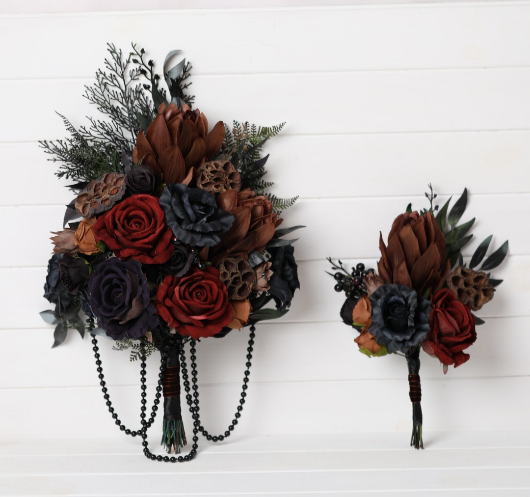 Black Rust Rose Gothic Wedding Bouquet With Hanging Beads - Etsy