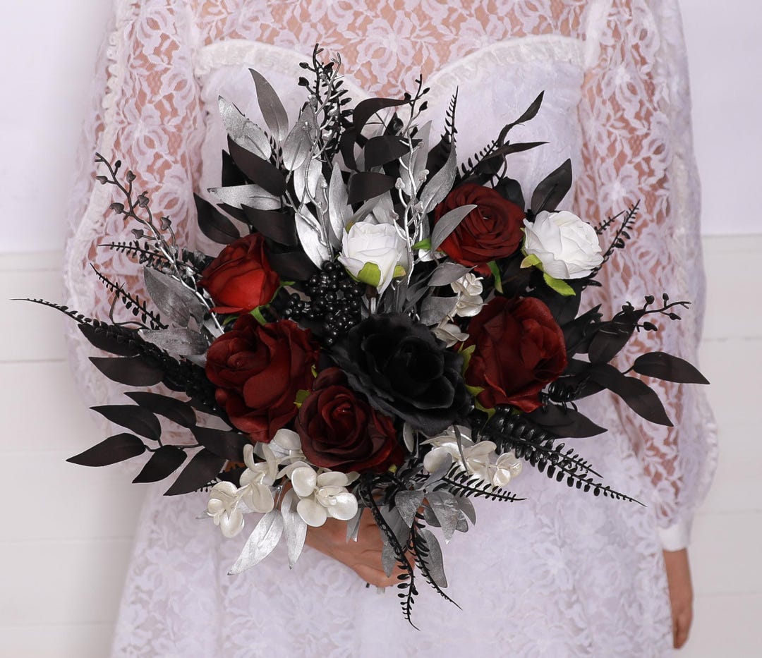 Black Burgundy Roses Wedding Bouquet, Black Navy Red Silver Vampire ...