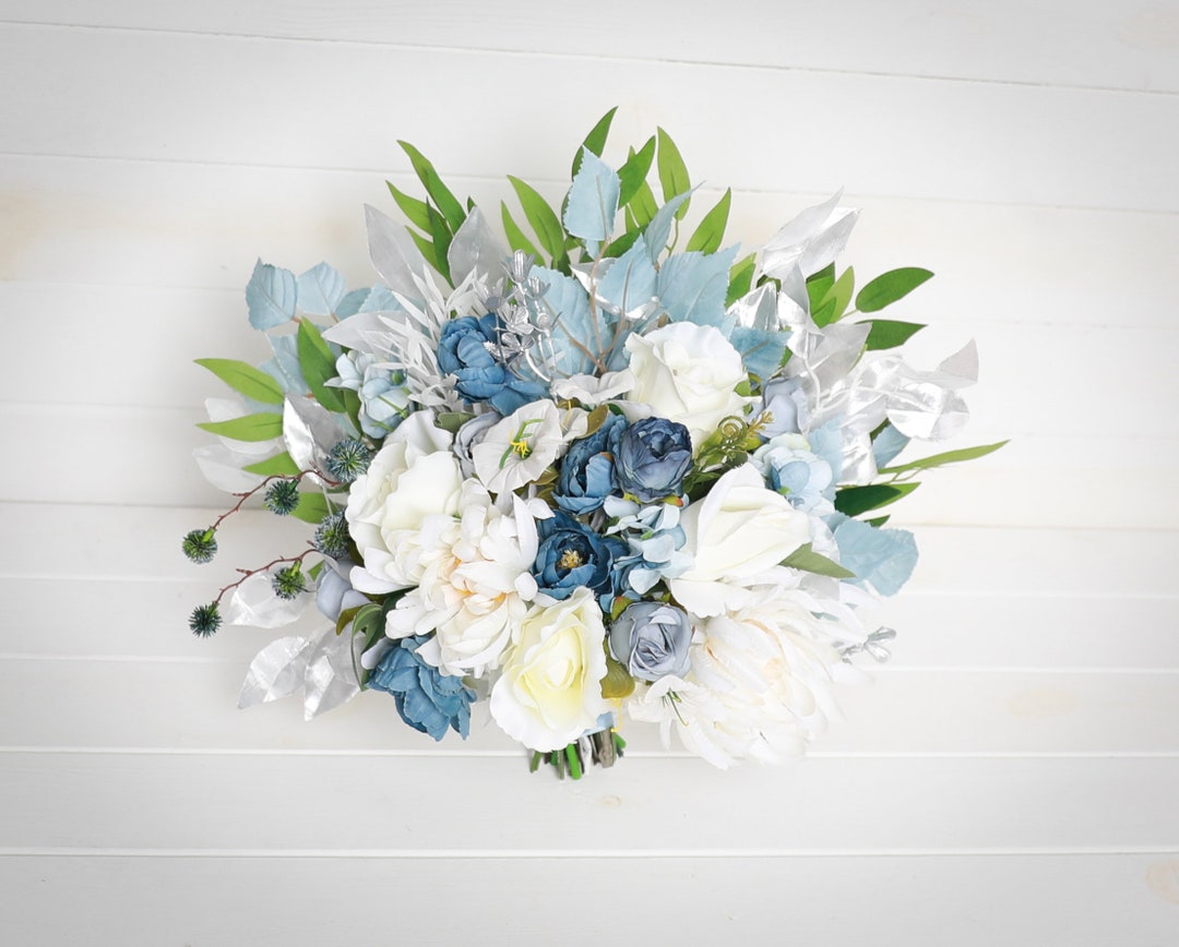 Dusty Blue Roses Ivory Silver Wedding Bouquet, Dusty Blue Silver Rustic ...