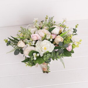 Rustic Ivory Cream Roses Wedding Bouquet Dusty Rose Flowers Green ...