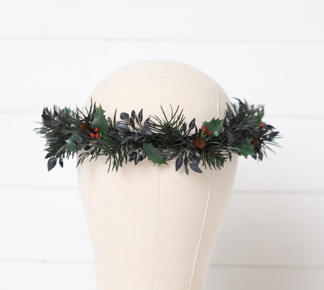 Green Christmas Flower Crown, Holly Crown, Winter Hair Accessory ...