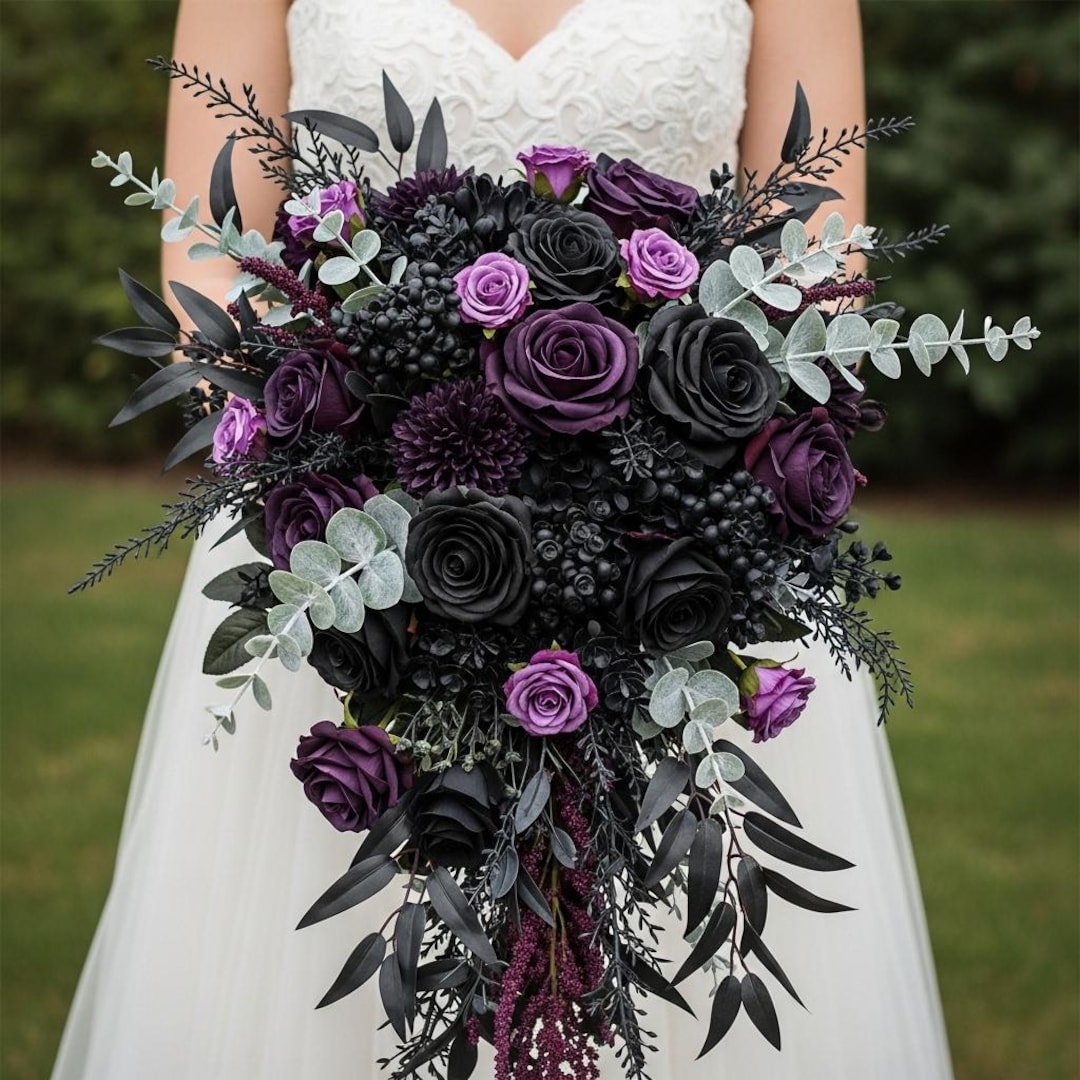 Black Purple Roses Wedding Bouquet Black Purple Gothic Halloween ...