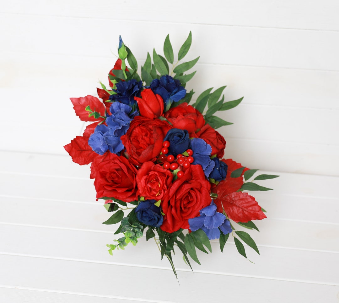 Red Royal Blue Wedding Bouquet, Rustic Wedding Bouquet With Royal Blue ...