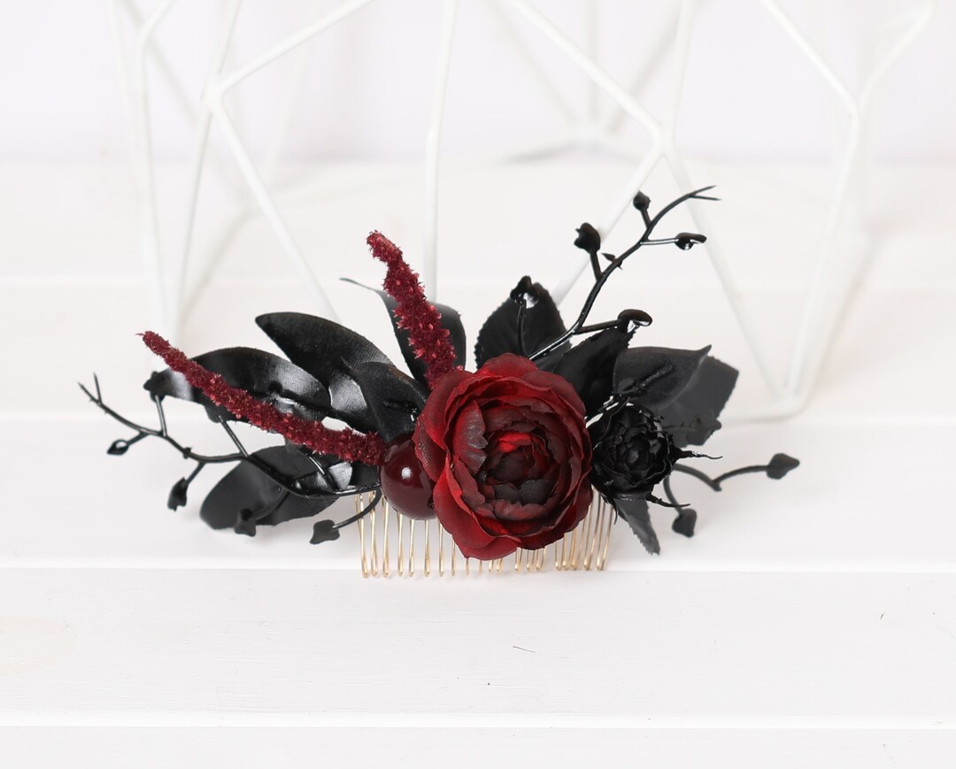 Black Burgundy Gothic Hair Comb, Goth Wedding Hair Comb, Bridal ...