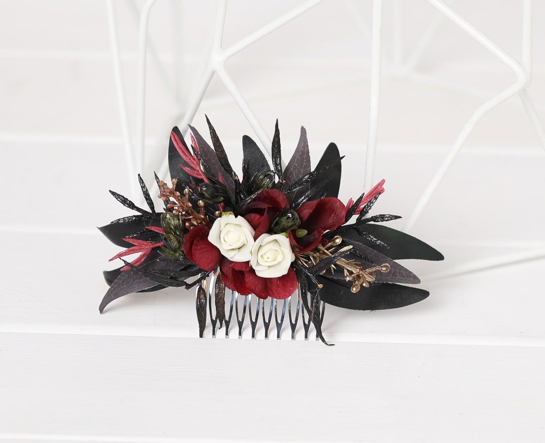 Black Burgundy Gothic Hair Comb, Goth Wedding Hair Comb, Bridal ...