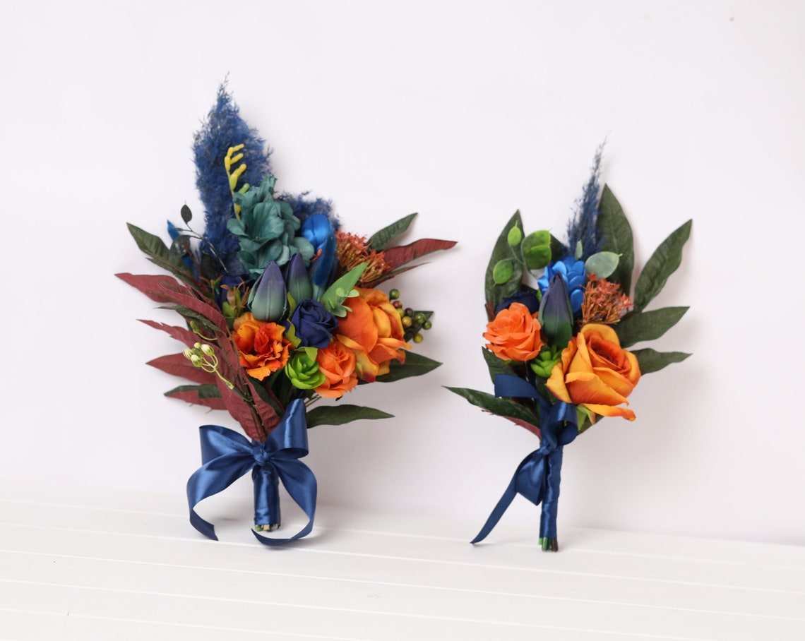 Royal Blue Orange Wedding Bouquet Rustic Wedding Bouquet Blue - Etsy