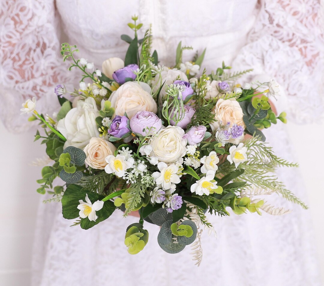 Rustic Ivory Cream Roses Wedding Bouquet Dusty Rose Flowers Green ...