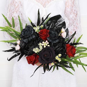 Black Deep Red Roses Wedding Bouquet, Black Dark Red Halloween Gothic ...