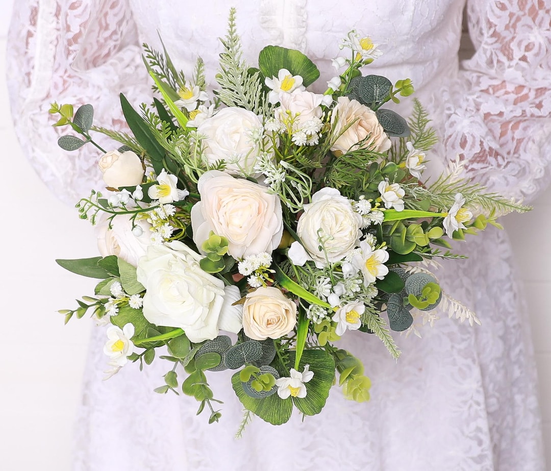 Rustic Ivory Cream Roses Wedding Bouquet Cream Roses Green Eucalyptus ...