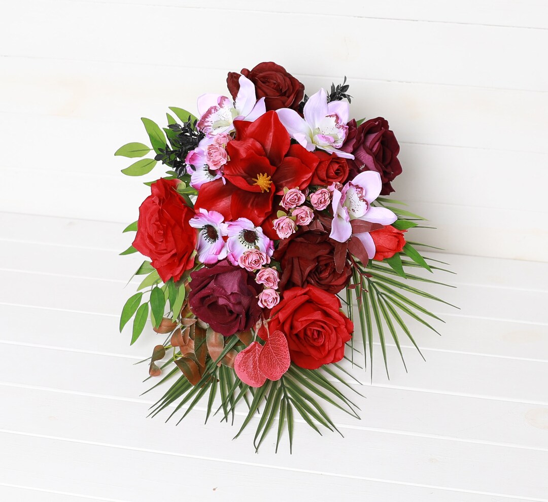 Tropical Fuchsia Rose Bouquet: Red Green Beach Wedding Decor - Etsy