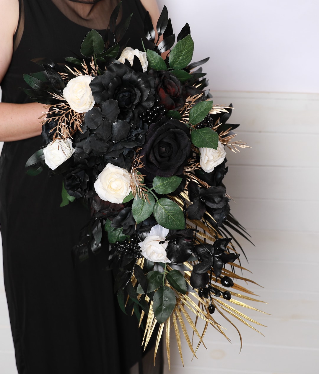 Black Gold Ivory Roses Wedding Bouquet, Black Gold Ivory Green Cascading Bouquet Gothic Black ...