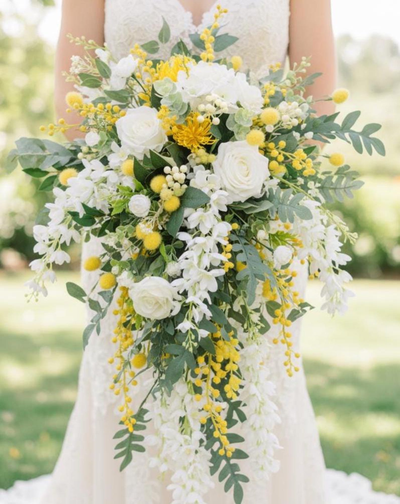 Yellow Mimosa White Roses Wisteria Greenery Wedding Bouquet Yellow ...