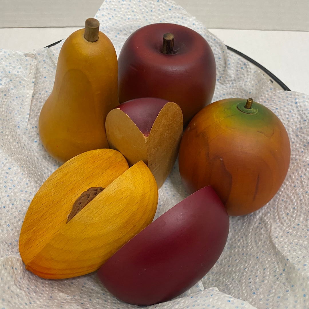 Wooden Fruit Display Apples Peach Pear-vintage Wood Fruit Set 6-cut ...