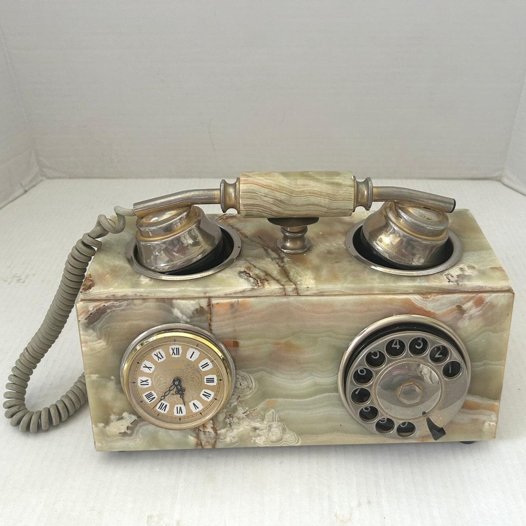ONYX Telephone With Dial & Clock-heavy Marble-decorative Statement ...