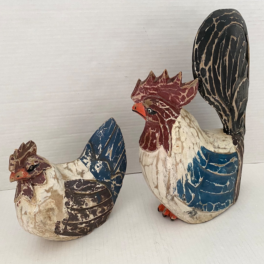 Carved Wood Chickens Roosters Pair-large Small-wooden - Etsy