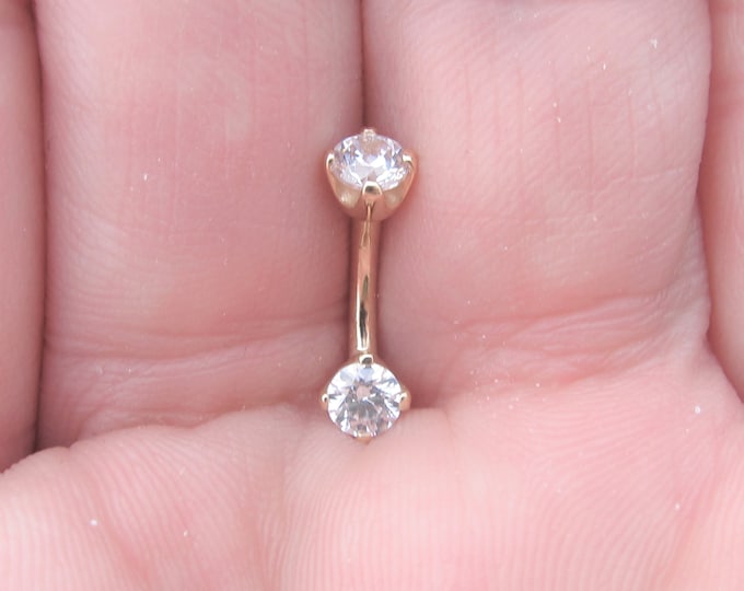 14k Solid Gold Belly Button Ring,double Jeweled 4mm Cz's..14g..8mm or ...