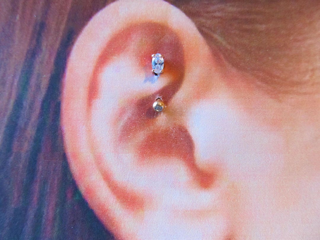 Rose Gold Oval Rook Piercing Double Jeweled Surgical Steel Curved ...