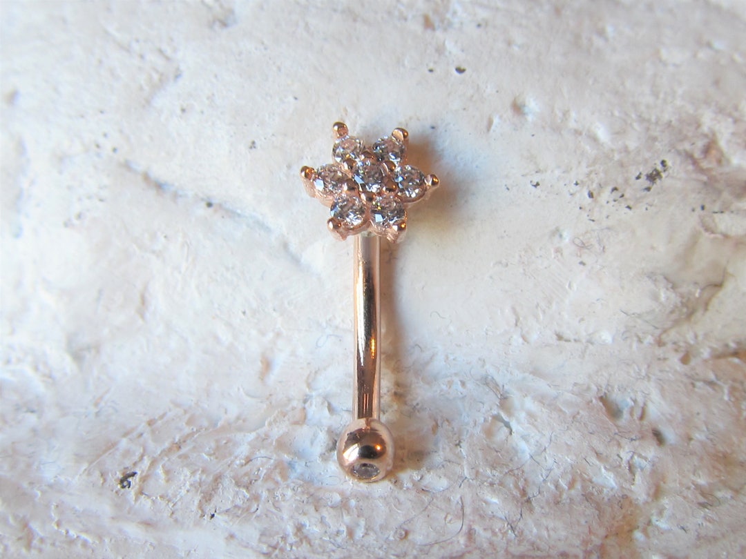 14k Solid Rose Gold Rook Piercing Curved Prung Set Flower With Clear Cz ...