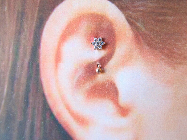 14k Solid Rose Gold Rook Piercing Curved Prung Set Flower With | Etsy