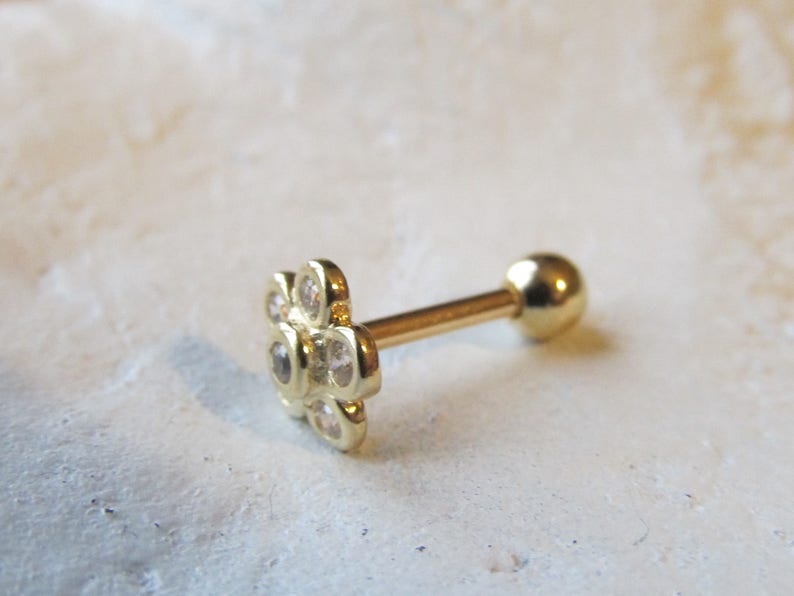 14k Solid Gold Helixcartilage Piercing Big Bezel Set Flower - Etsy