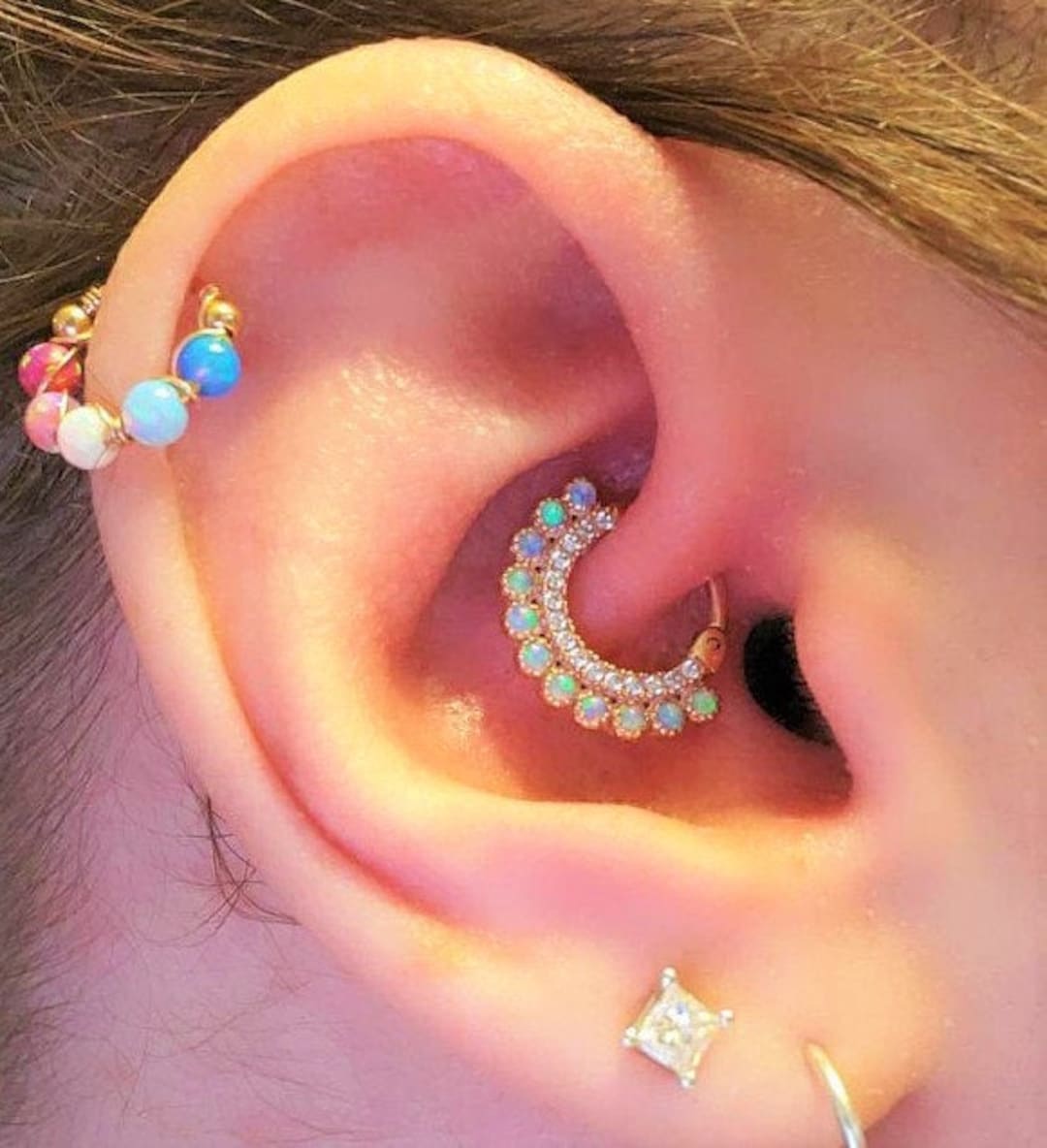 14k Rose Gold Daith Piercing Blue Opals,daith Piercing Clicker Ring ...