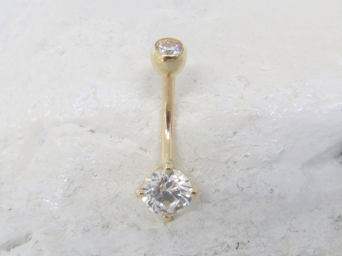 14K solid gold Belly button ring with white | Etsy