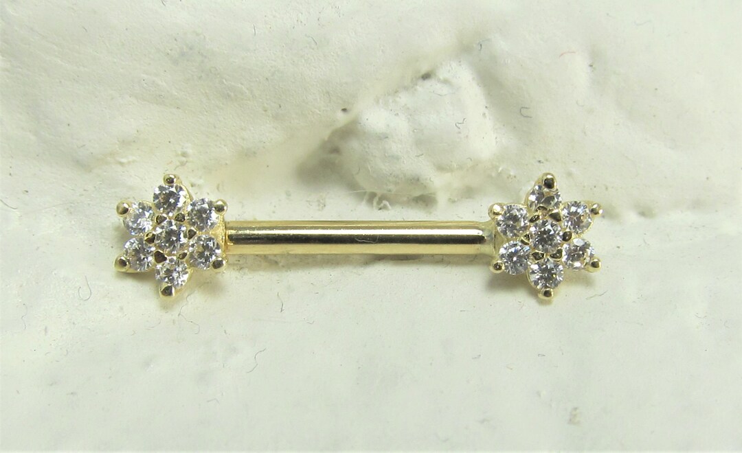 14k Solid Gold Nipple Flower(6mm)prung Set Nipple Barbell..14g..12mm OR ...