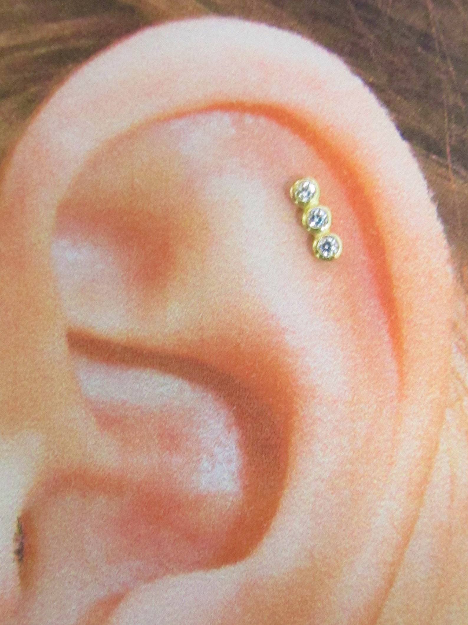 14k Solid Gold Helix Piercing,cartilage Bezel Set 3cz Labret Ring..16g ...
