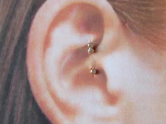 14k Gold Daith Piercing Double Bezel Cz Curved Barbell..16g.. - Etsy
