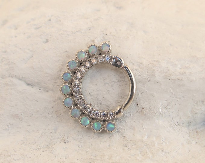 14k Solid White Gold Daith Piercing Blue Opal Cz's Clicker Ring..16g ...