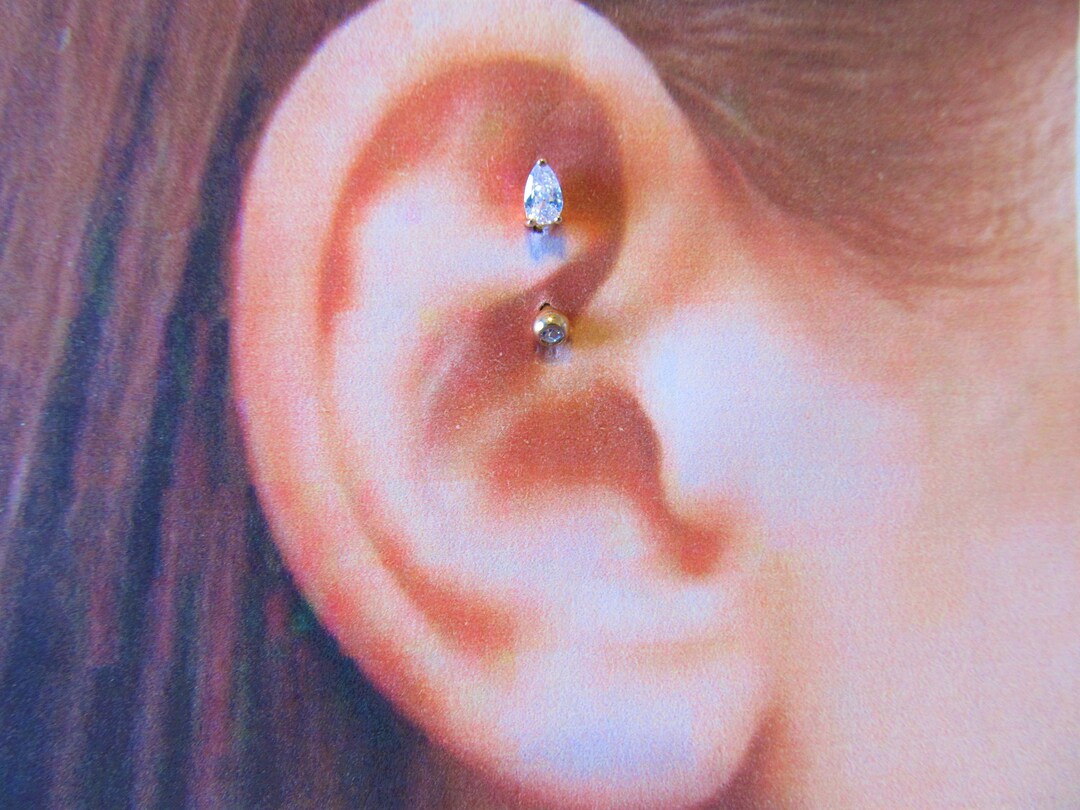 Rose Gold Rook Piercing Double Jeweled Tear Drop Curved Surgical Steel ...