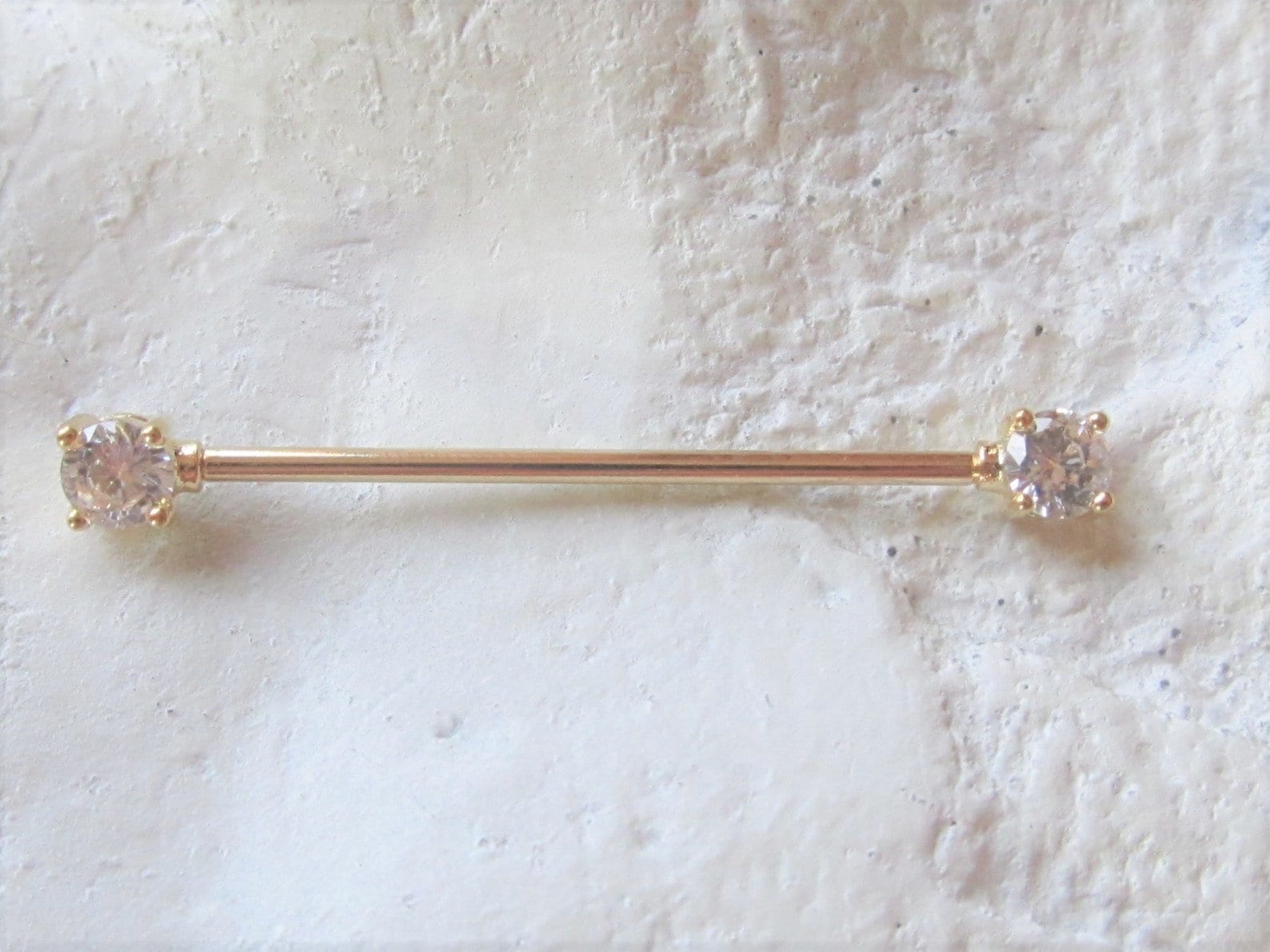 14k Gold Industrial Barbell With 4mm Cz's..solid Gold..14g..32mm ,35mm ...