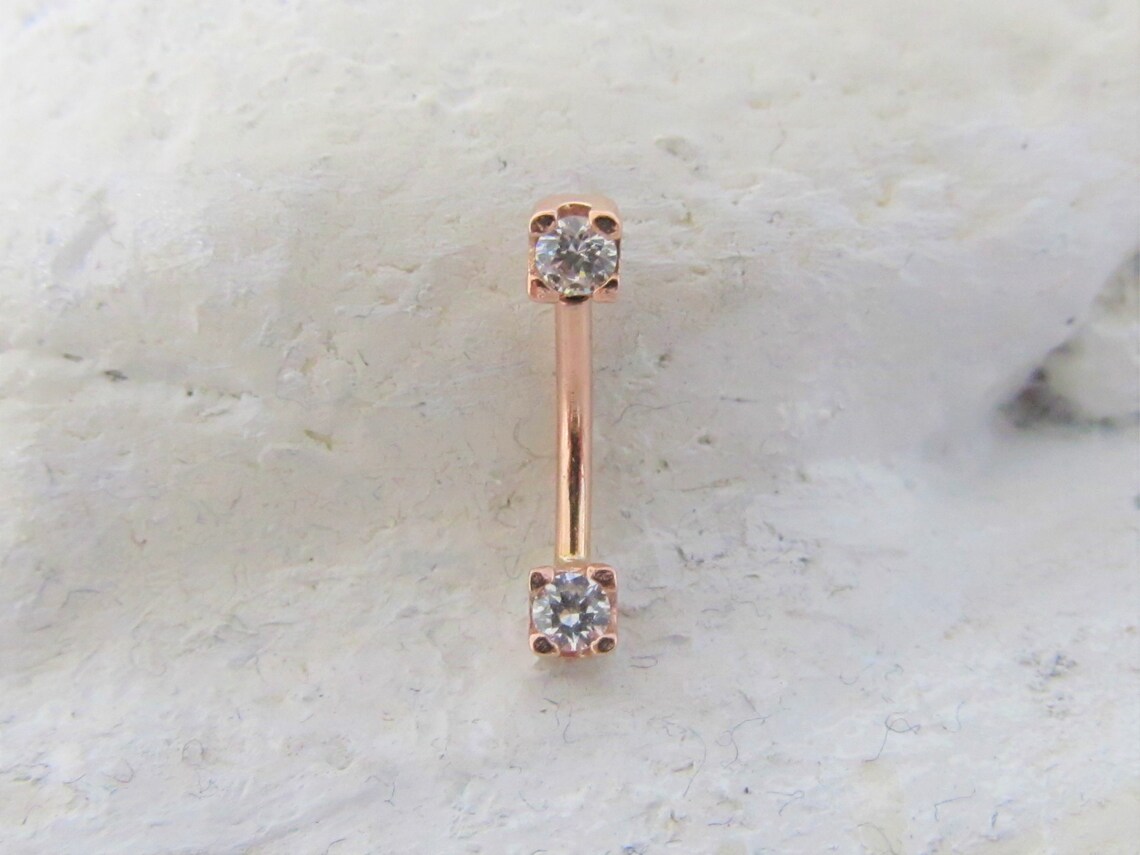 14k Solid Rose Gold Eyebrow Piercing,front Facing Double Jeweled 3mm Cz ...