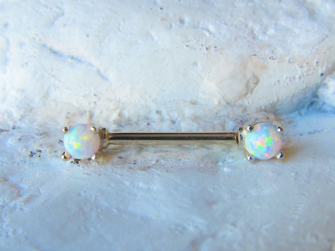 14K Solid White Gold,white Opals Push Pin Threadless Nipple Barbell ...