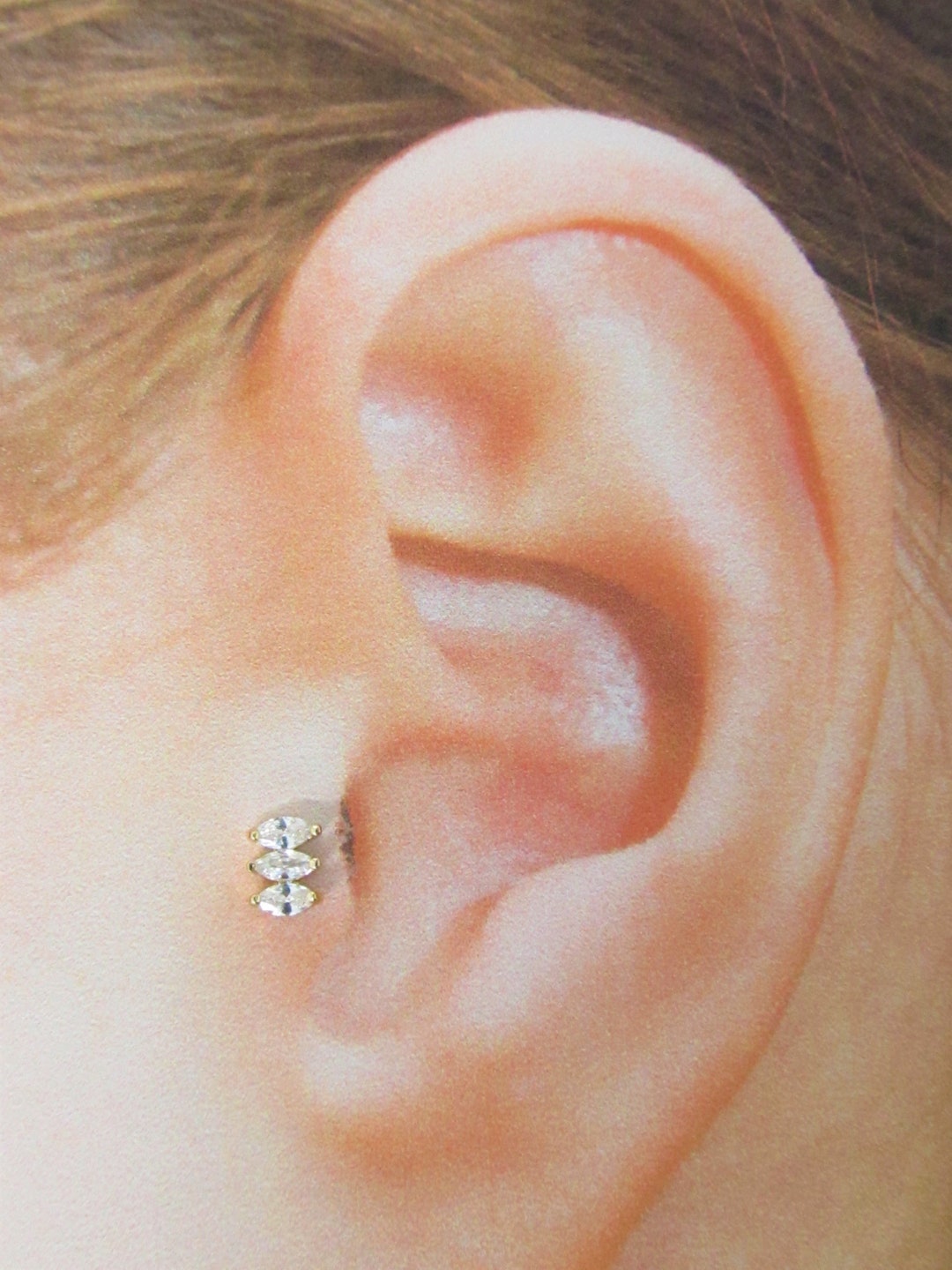 Gold Plated Tragus Piercing Triple Marquise Surgical Labret Barbell ...