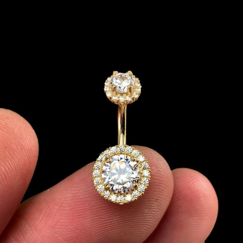 14K Solid Gold Belly Button Ring With White - Etsy