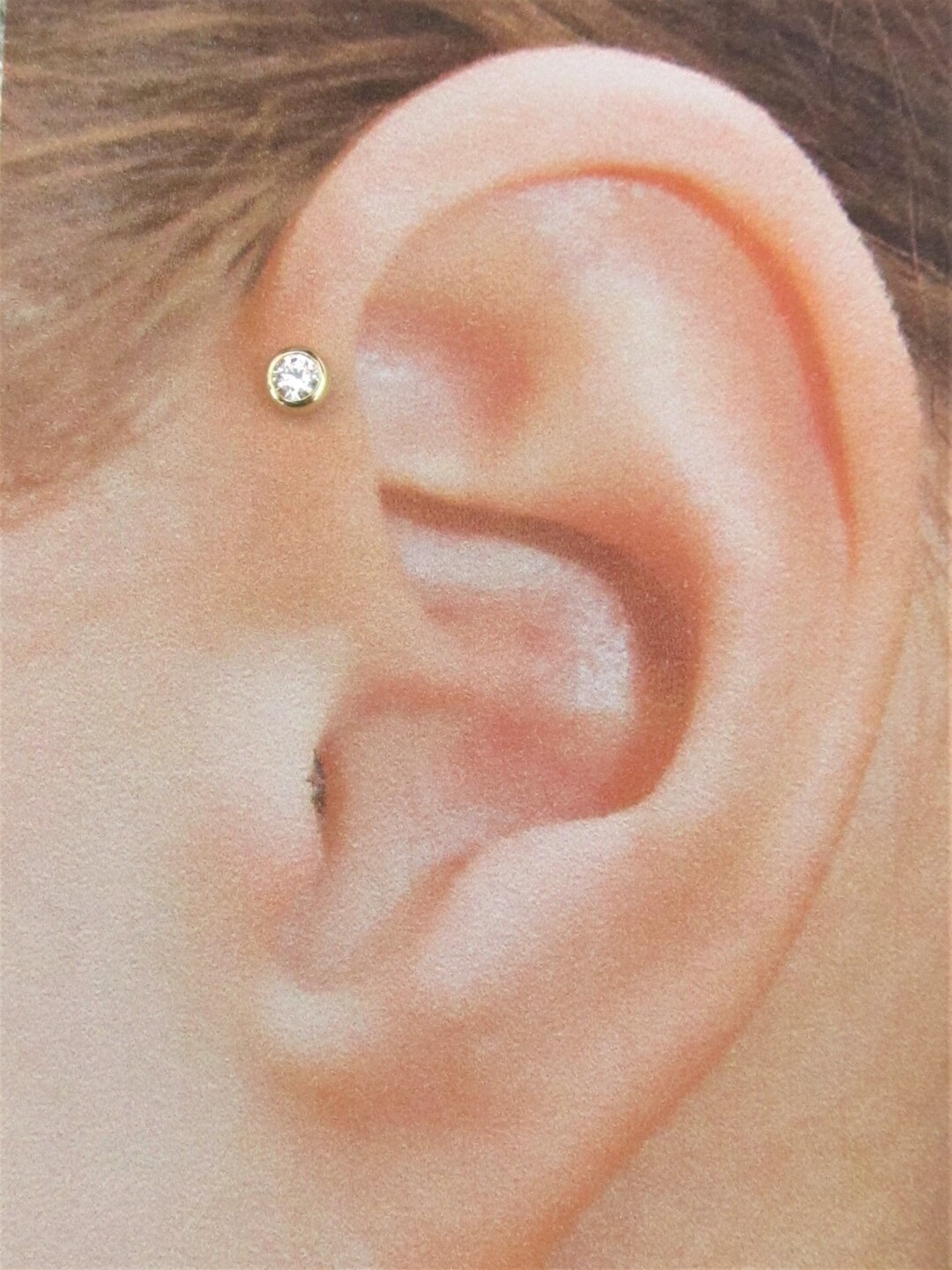 14k Solid Gold Forward Helix Piercing Bezel Set 4mm Flat Ball Cz Labret ...