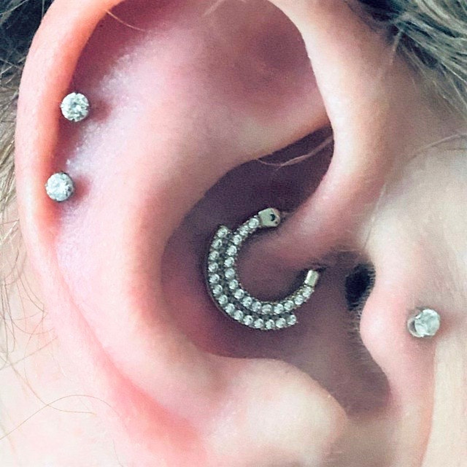 14K Solid White Gold Daith Piercing Double Trinity Clicker Ring..16g ...