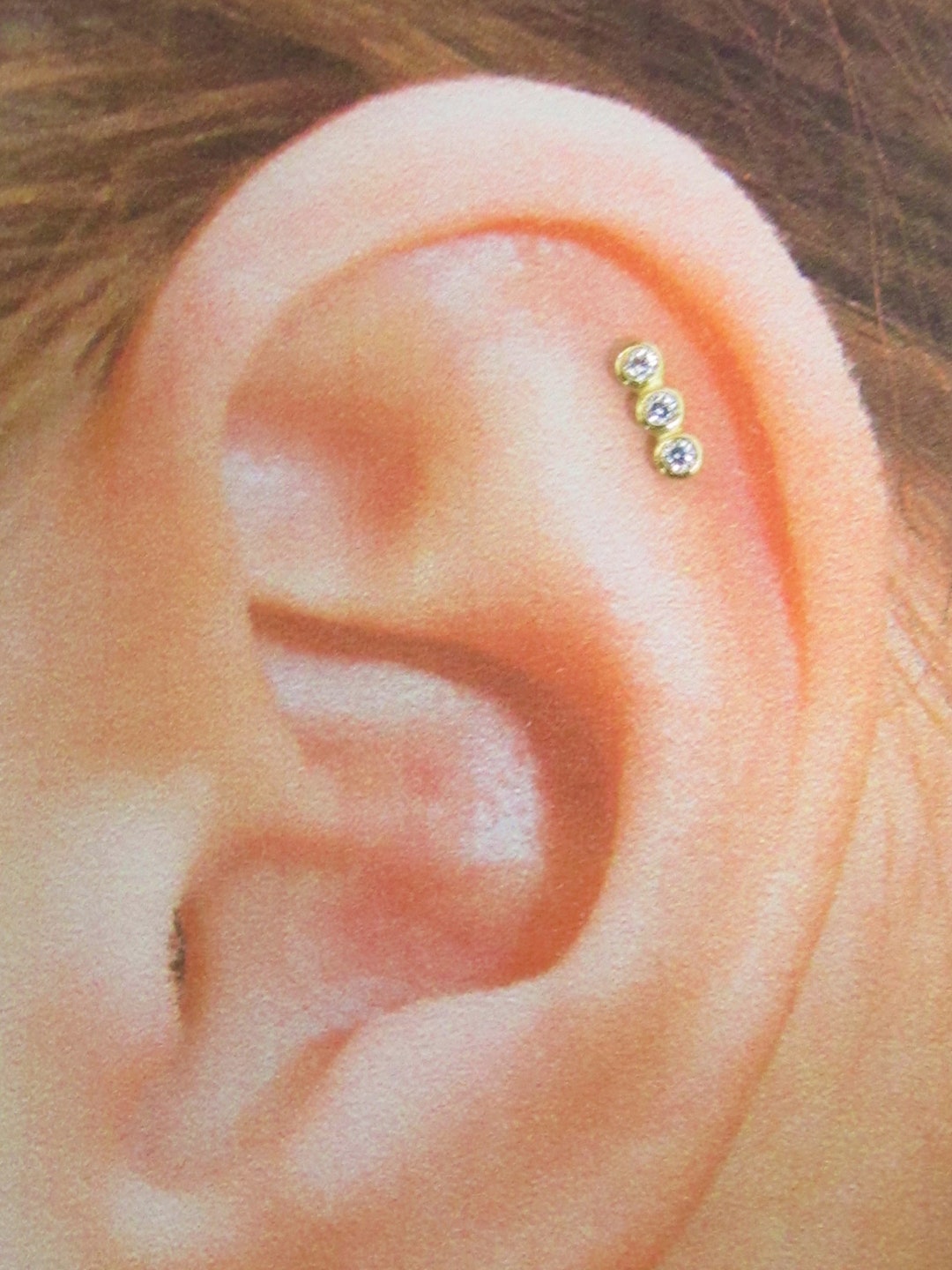 14k Solid Gold Helix Piercing,cartilage Bezel Set 3cz Labret Ring..16g ...