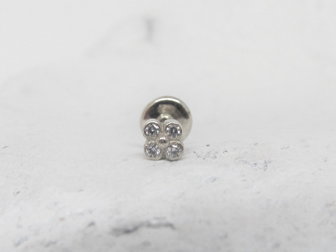 14k Solid White Gold Forward Helix Piercing 4 Bezel..labret..16g..6mm ...