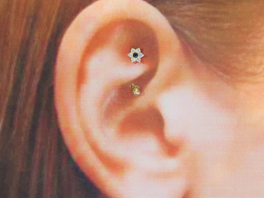 14k Solid Gold Rook Piercing Flower,black Center Cz,curved Barbell ...