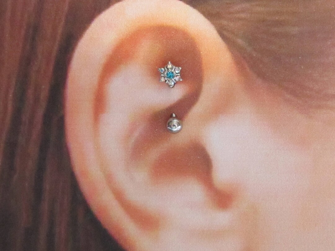 Rook Piercing Flower With Aqua Center Cz Curved Barbell Ring..16g..8mm ...