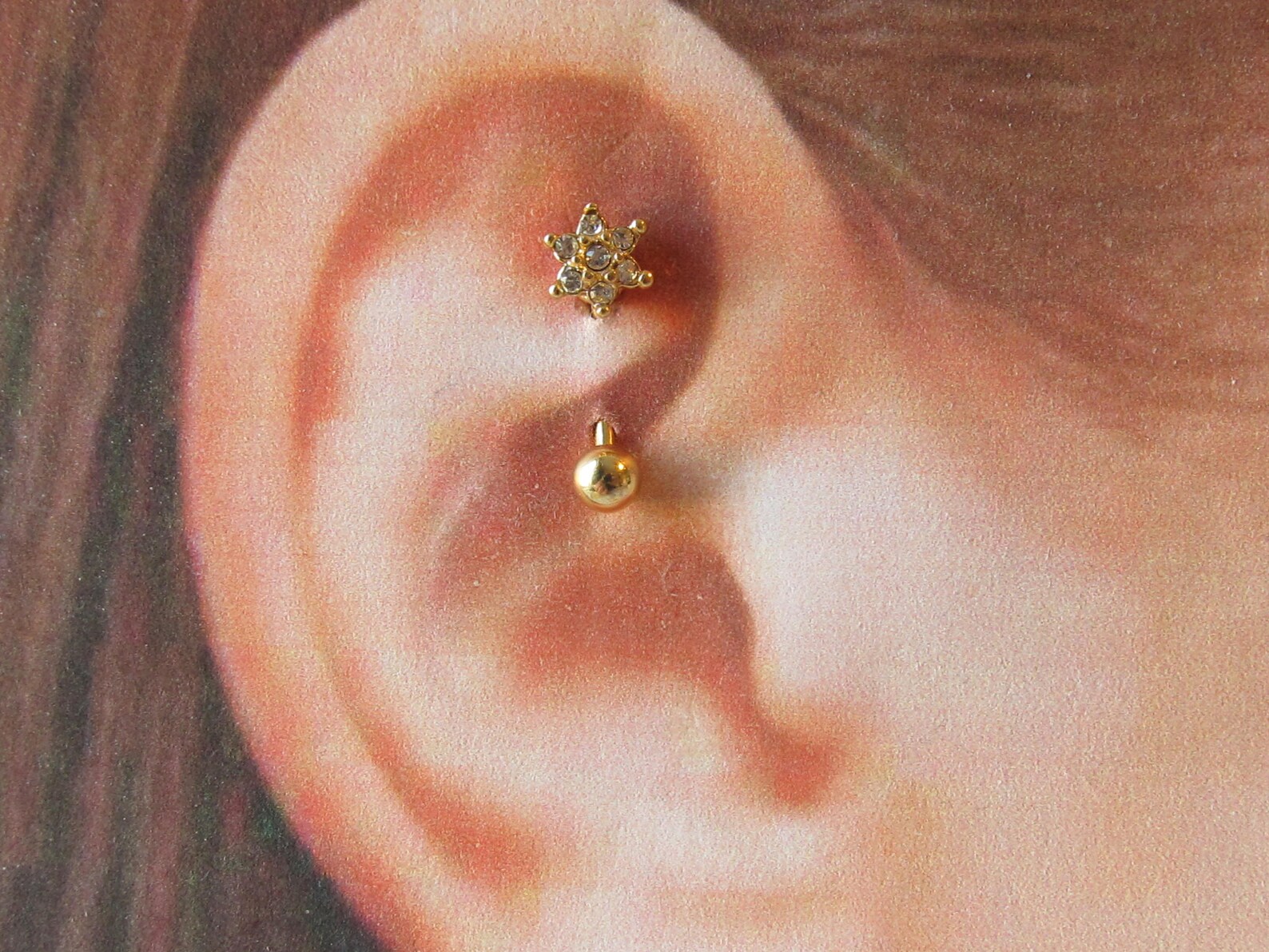 Golden Rook Piercing Spring Multistone Flower Curved Barbell Ring..16g ...