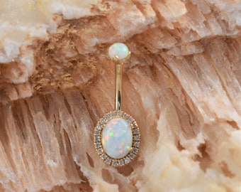14K Solid Gold Opal Belly Button Ring Opal Belly Button Hoop Opal Belly ...