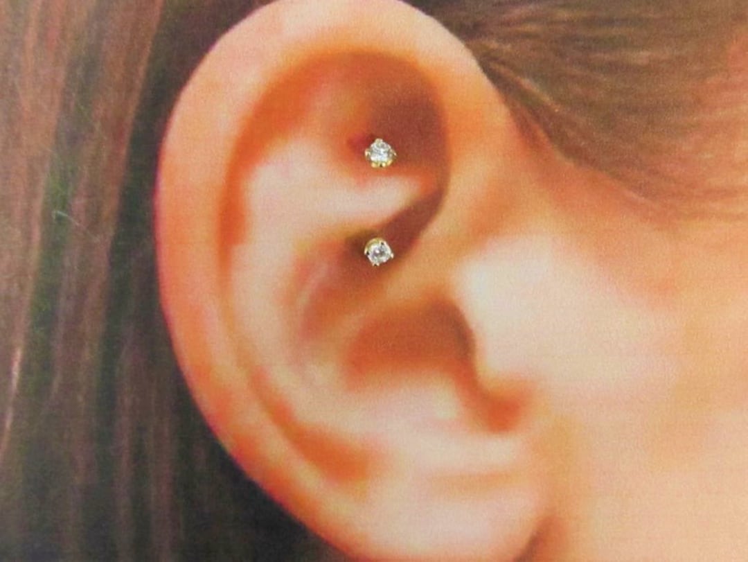 14k Rose Gold Rook Piercing Double Jeweled Barbell..internally Threaded ...