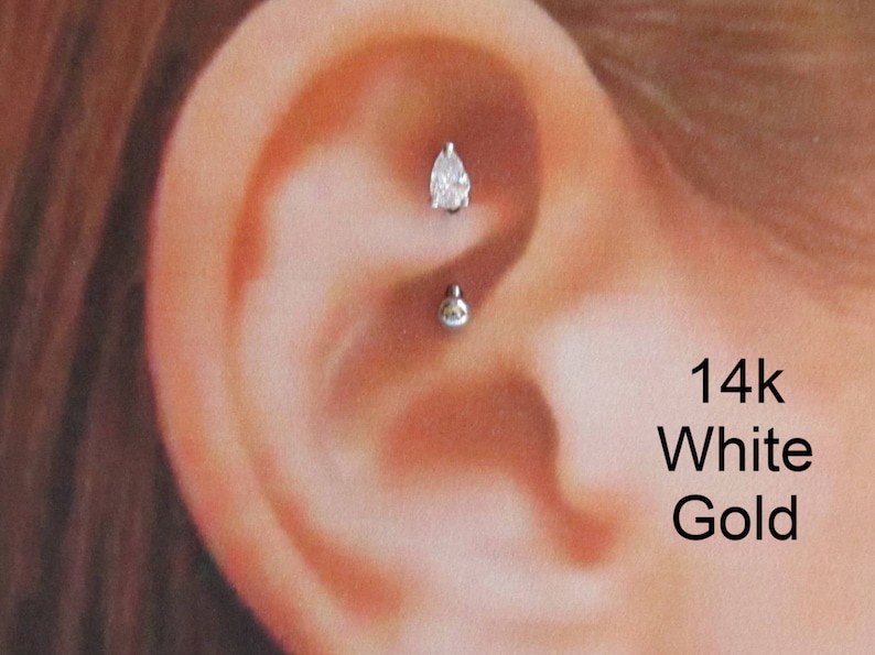 14K White Gold Tear Drop Rook Piercing Curved Barbell..prung - Etsy